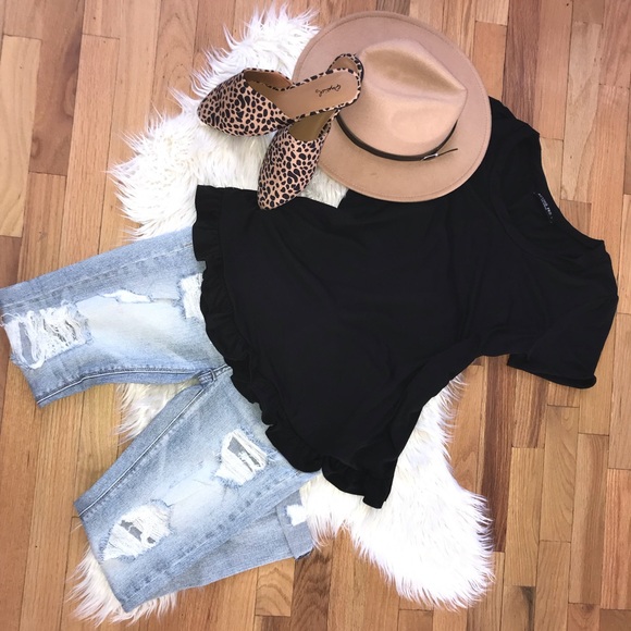Tops | Basic Black Tee With Ruffle Bottom | Poshmark